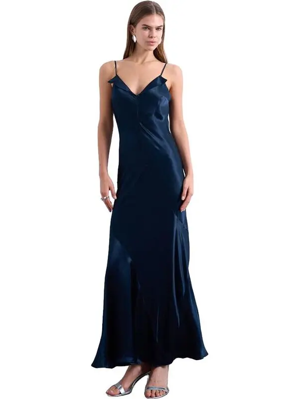 Topshop Folded Neck Satin Slip Maxi Dress - Navy