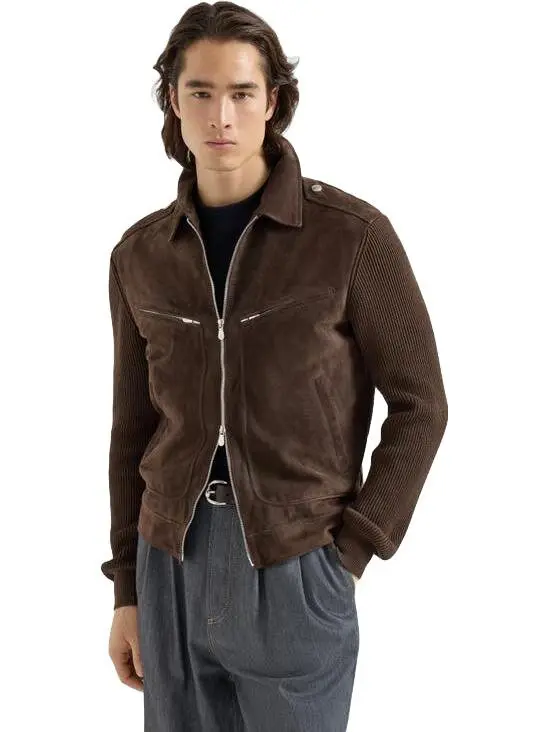 Brunello Cucinelli Suede And Knit Outerwear Jacket - Espresso