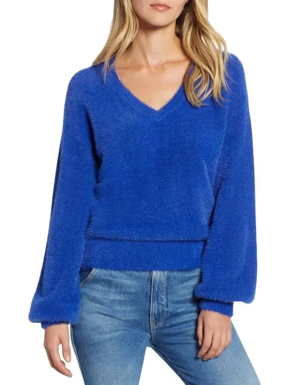 Halogen Fuzzy V-neck Pullover Sweater - Blue Mazarine