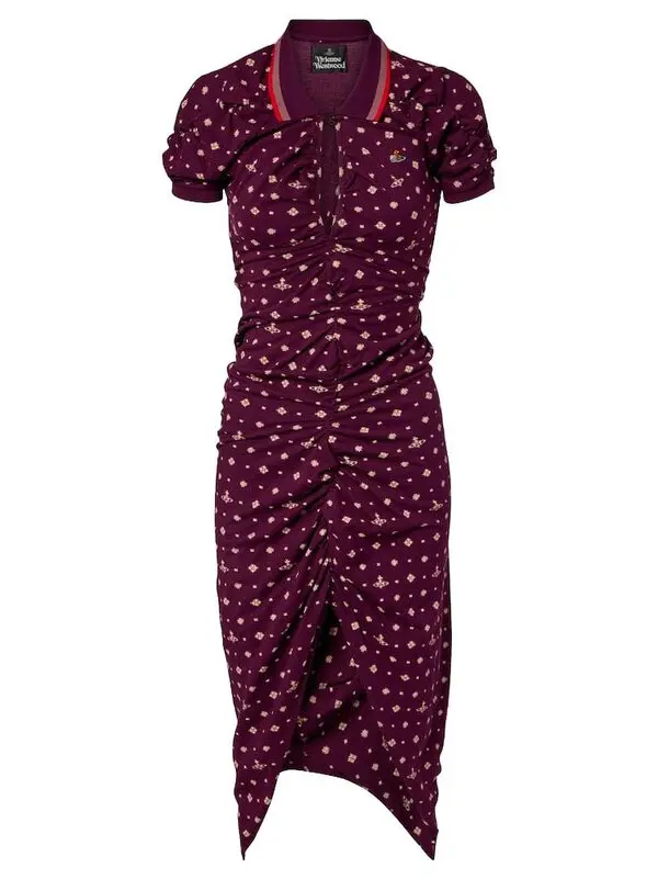 VIVIENNE WESTWOOD Printed Ruched Cotton Midi Dress - Burgundy