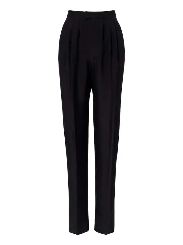 Saint Laurent Pleated Silk Straight Trousers - Black