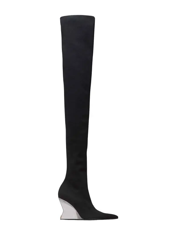 Balmain Knit Thigh-high Wedge Boots - Black