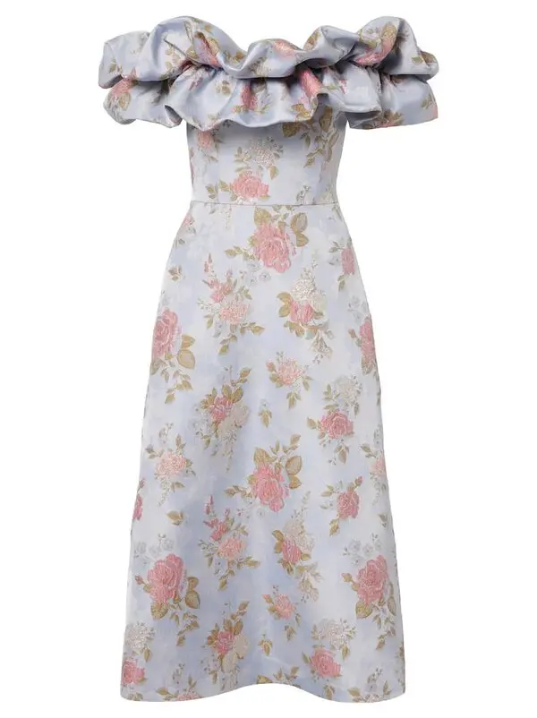 MARKARIAN Floral Lame Brocade Midi Dress - Blue