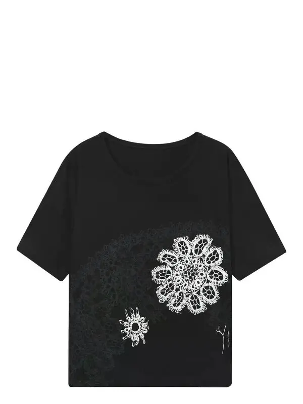 Y’s Crochet-flower T-shirt - Black