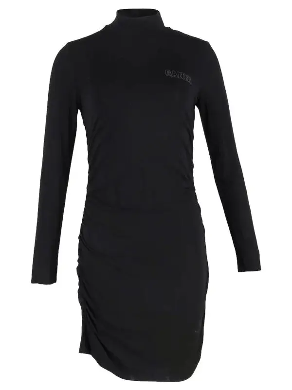 GANNI Ruched Turtleneck Mini Dress - Black