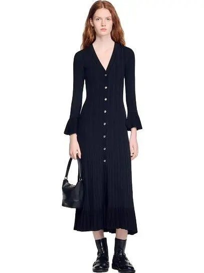 Sandro Knit Maxi Dress With Ruffle - Black
