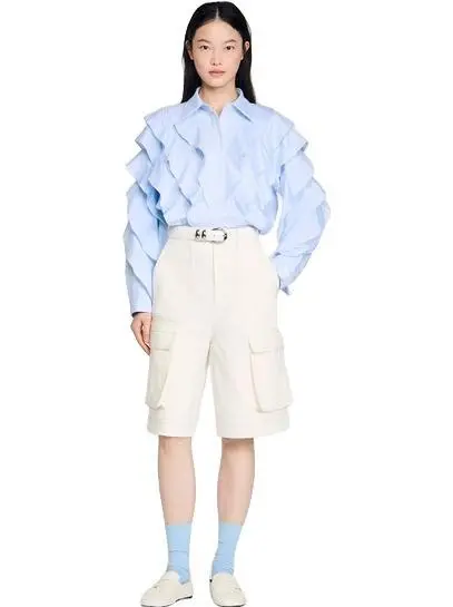 Sandro Ruffled Cotton Shirt - Blue