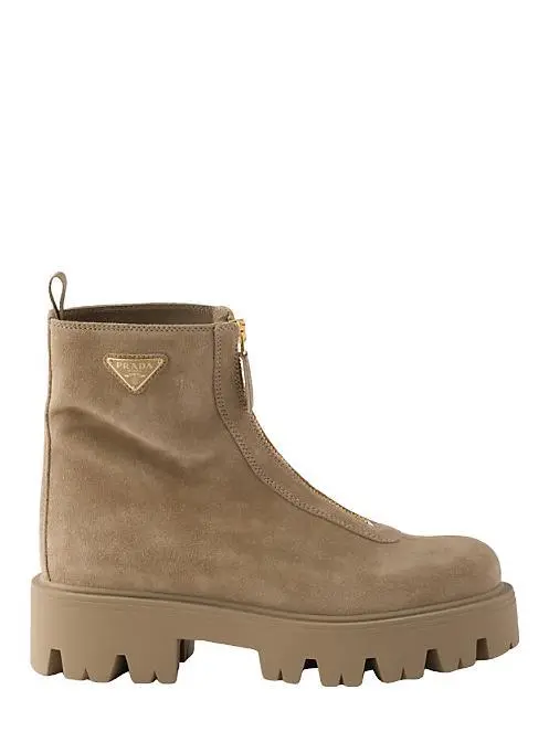 Prada Logo-plaque Suede Ankle Boots - Neutral
