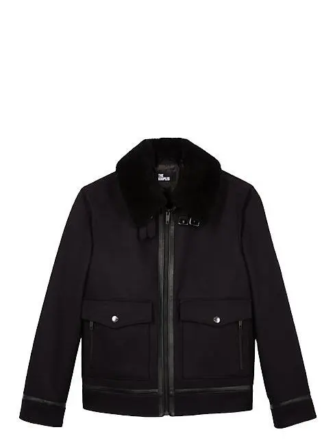 The Kooples Short Contrast-collar Suede Jacket - Navy