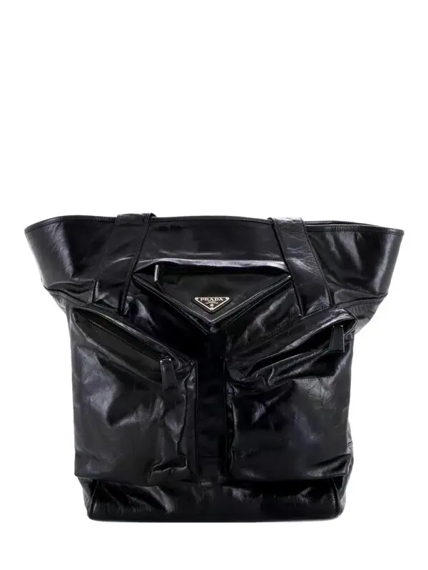 Prada Triple Front Pocket Leather Tall Tote Bag - Black