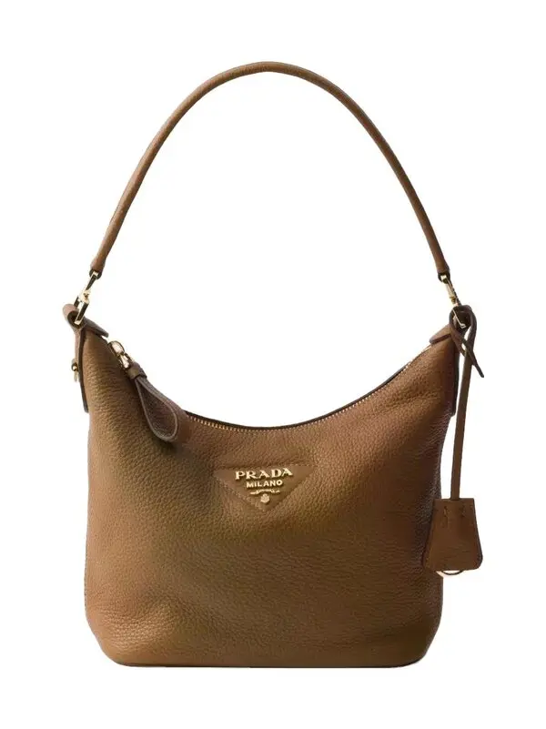Prada Leather Shoulder Bag With Logo Plaque - Brown