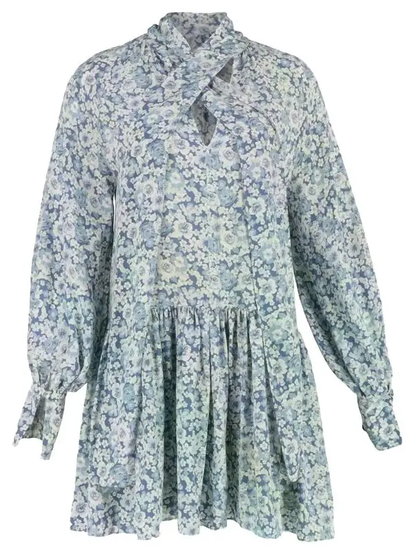 Stella McCartney Floral-print Mini Dress With Tie Neck - Blue