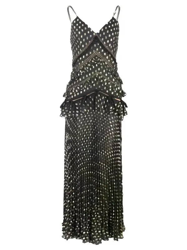 SELF-PORTRAIT Metallic Pleated Maxi Dress - Black