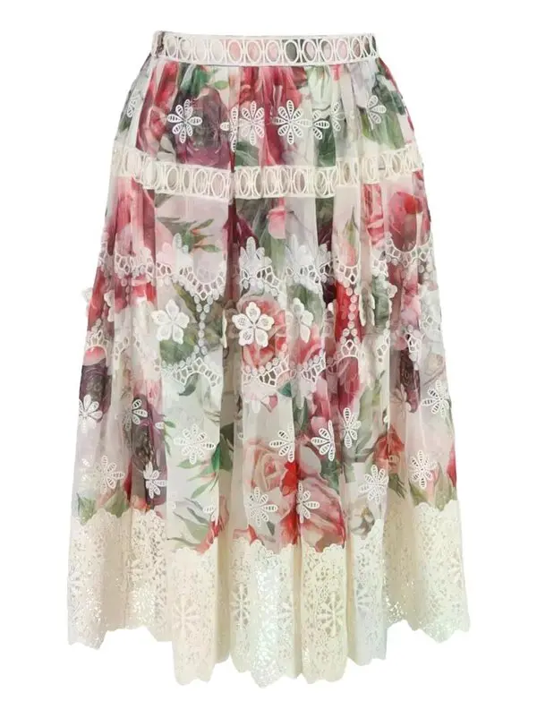 Dolce & Gabbana Guipure Lace Floral-print Midi Skirt - Neutrals