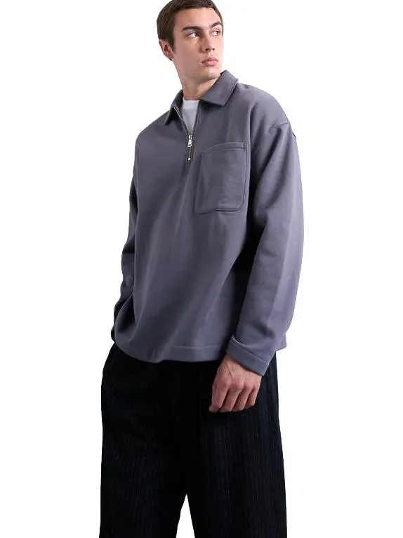 Topman Oversize Long Sleeve Quarter Zip Polo - Grey