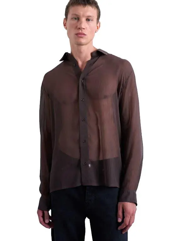 Topman Crinkle Texture Sheer Button-up Shirt - Brown