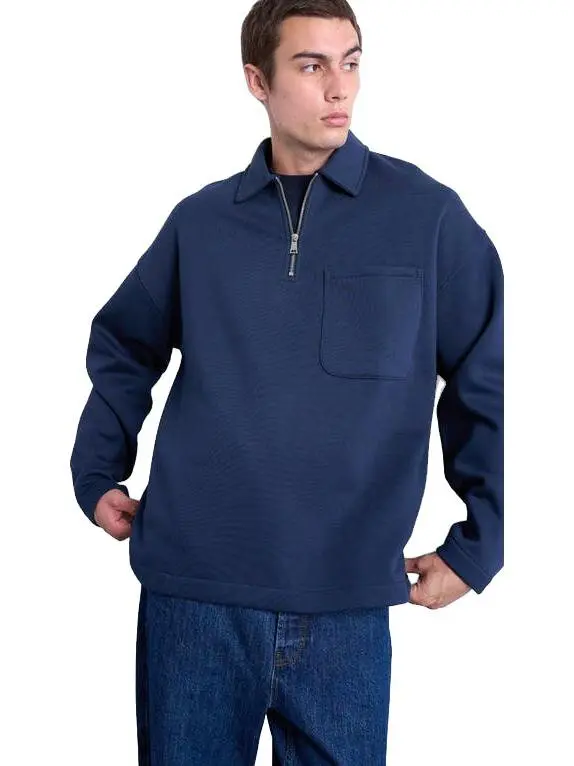 Topman Oversize Long Sleeve Quarter Zip Polo - Navy