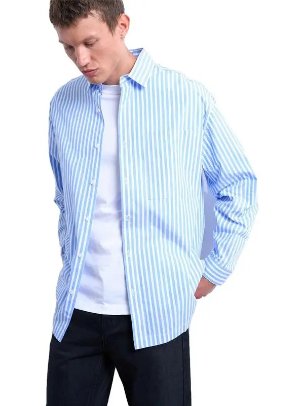 Topman Oversize Stripe Cotton Button-up Shirt - Medium Blue