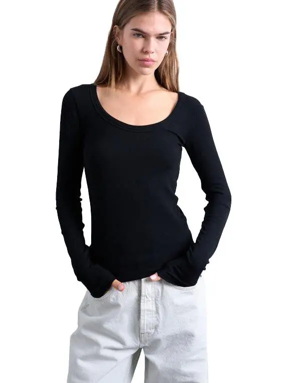 Topshop Long Sleeve Rib Top - Black
