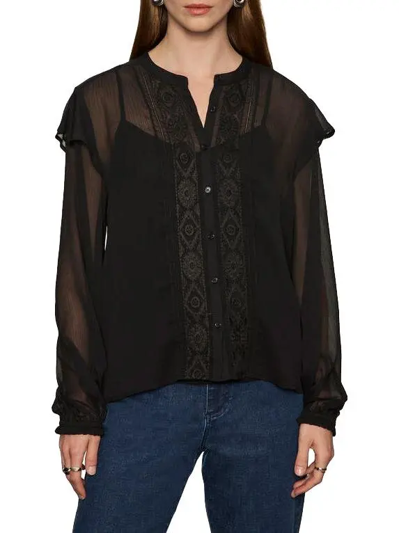 Sanctuary Nostalgia Ruffle Embroidered Top - Black