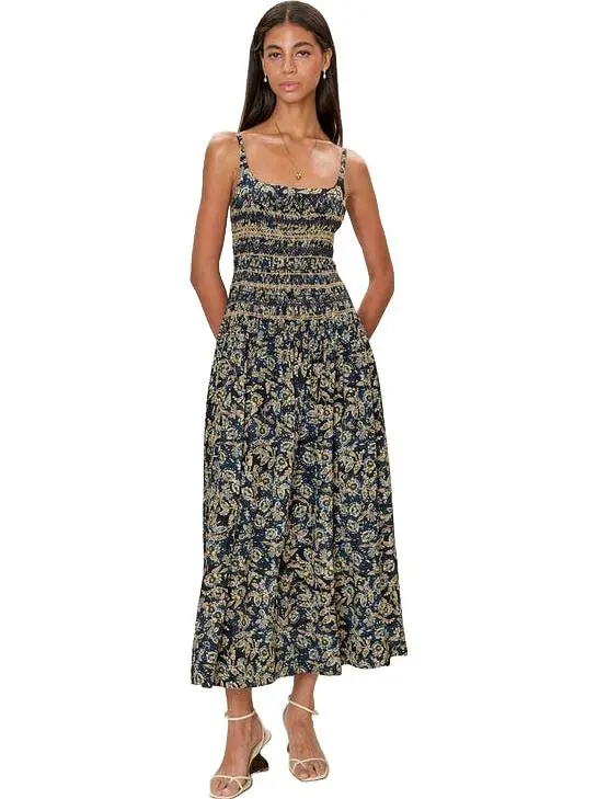 Rebecca Taylor Charlene Smocked Tea Length Dress - Navy Multi