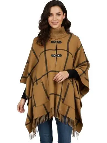London Fog Plaid Ruana With Toggle Closures - Tan
