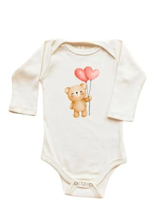 TENTH & PINE Bear With Heart Balloons Organic Baby Bodysuit Long Sleeve - Natural