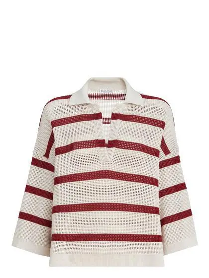 Brunello Cucinelli Cotton Striped Knit Polo Shirt - Bordeaux