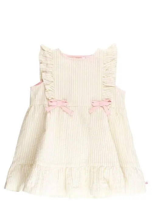 RUFFLEBUTTS Sleeveless Pinafore Bow Dress - Banana Signature Seersucker