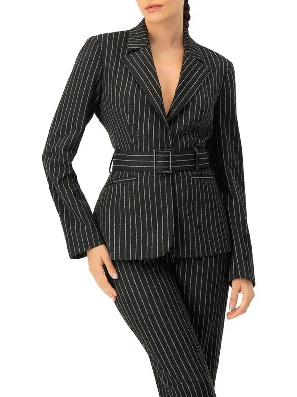 IVONNE Striped Blazer With Belt - Black