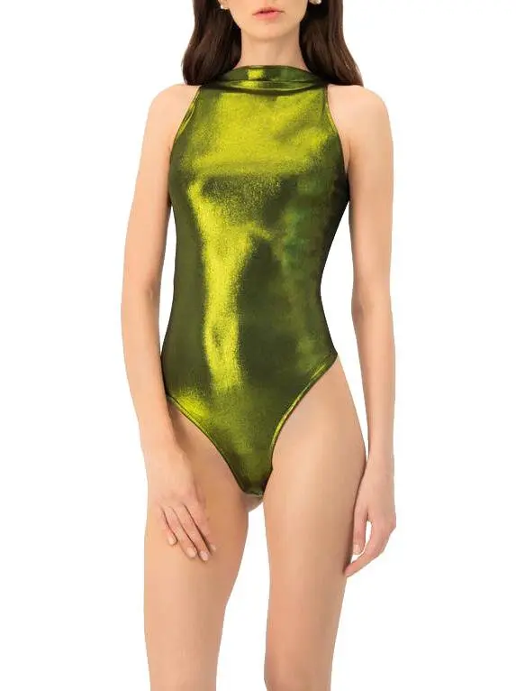 IVONNE Sleeveless Metallic Bodysuit - Olive Green