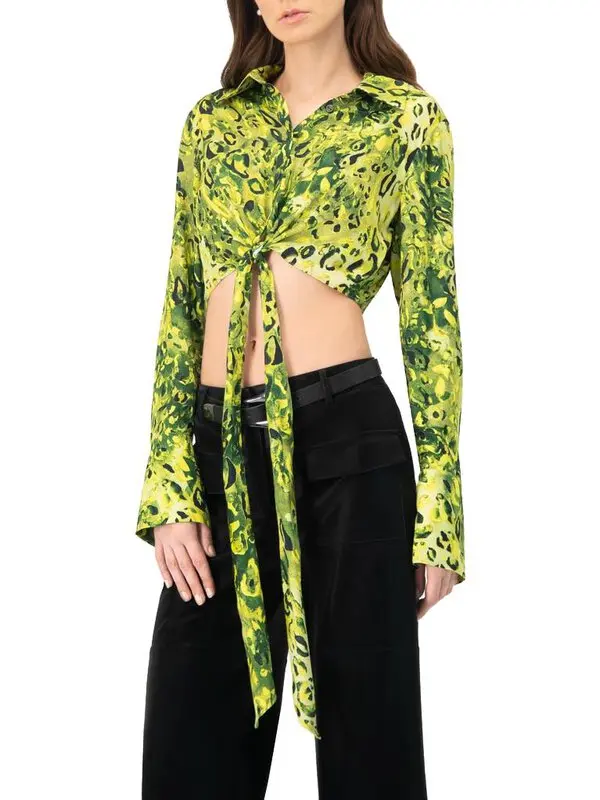 IVONNE Cropped Animal Print Shirt With Waist Tie - Green