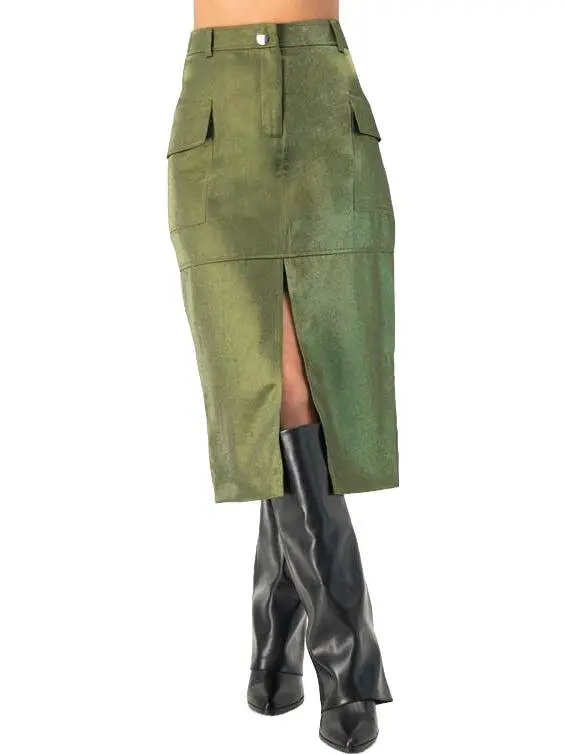 IVONNE Midi Skirt With Slit And Front Pockets - Olive Green