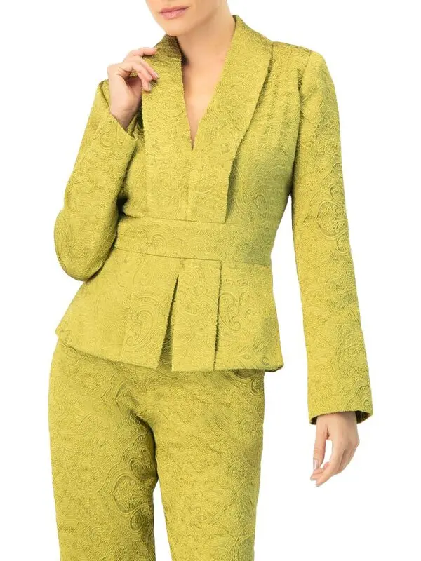 IVONNE Collarless Paisley Jacquard Blazer - Green