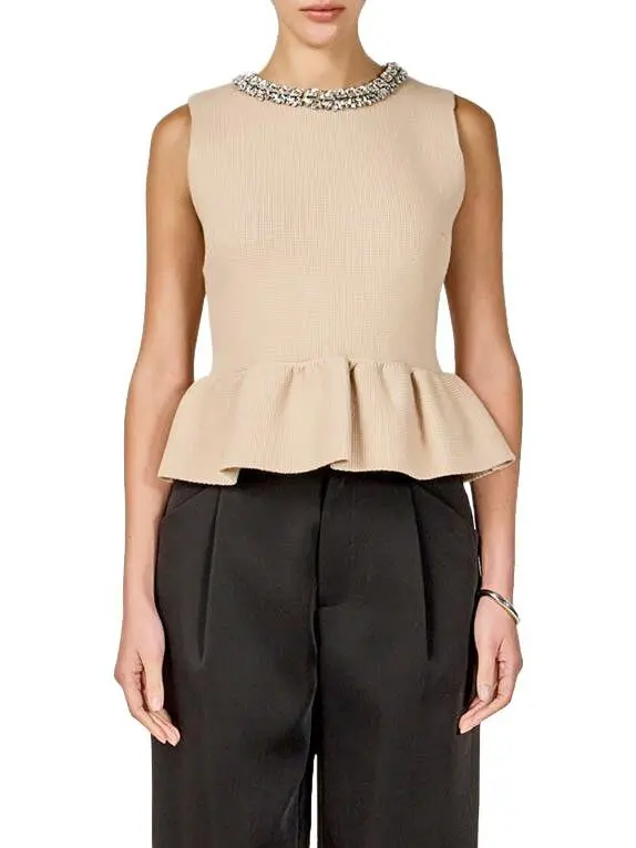 Endless Rose Embellished Knit Peplum Top - Beige