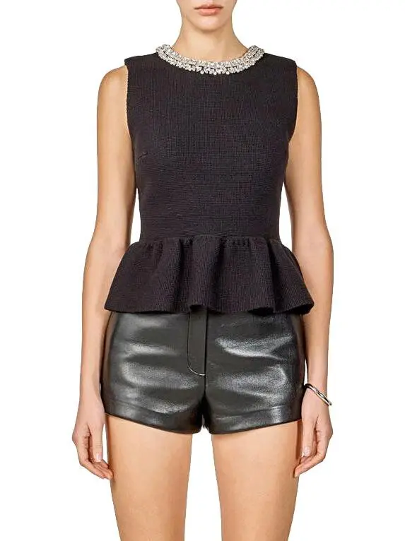 Endless Rose Embellished Knit Peplum Top - Black