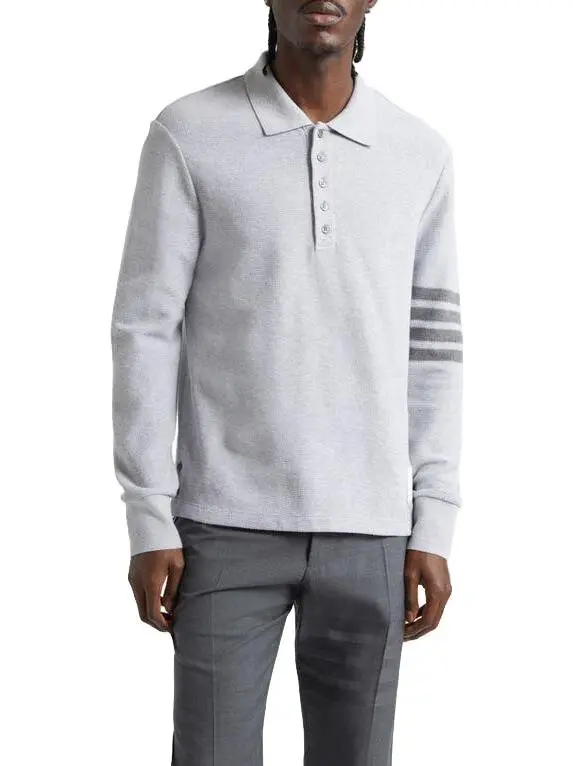Thom Browne 4-bar Long Sleeve Cotton Piqué Polo - Pale Grey