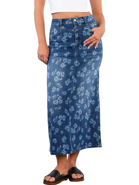 HINT OF BLU Floral Print Denim Maxi Skirt - Floral Denim
