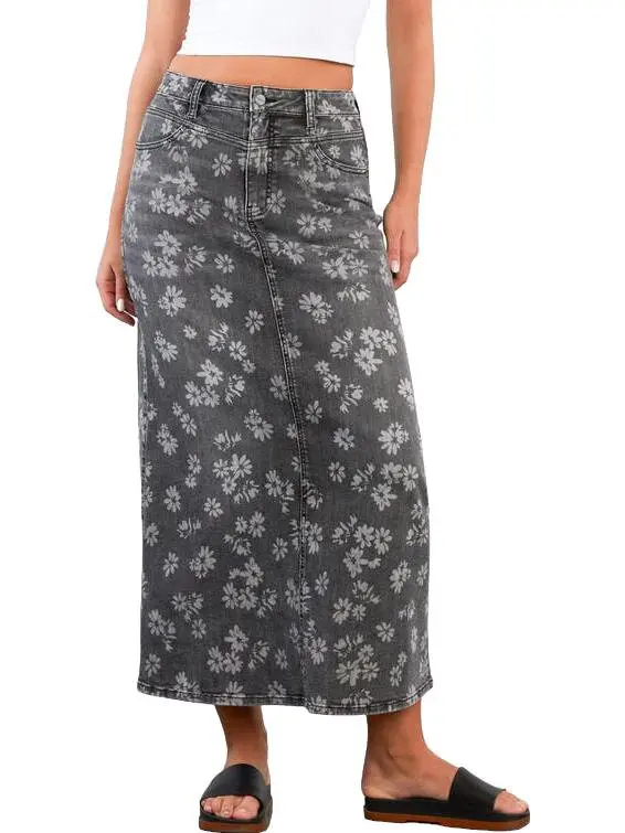 HINT OF BLU Floral Print Denim Maxi Skirt - Grey Floral Denim