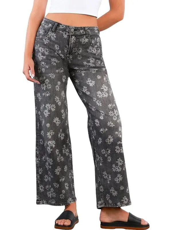 HINT OF BLU Floral Print Wide Leg Jeans - Grey Floral Denim