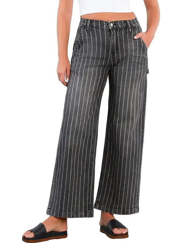 HINT OF BLU Stripe High-rise Wide-leg Jeans - Grey Stripes