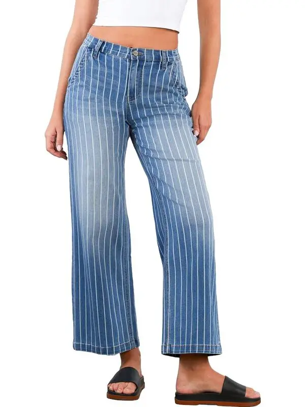 HINT OF BLU Stripe High-rise Wide-leg Jeans - Stone Blue Stripes