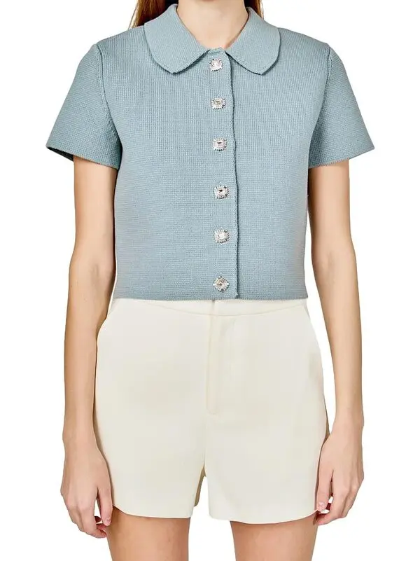 Endless Rose Jewel-buttoned Cotton-blend Top - Dusty Blue