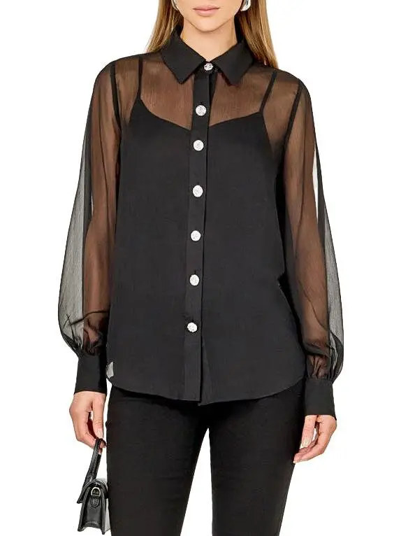 Endless Rose Volume Sleeve Sheer Button-down Shirt - Black