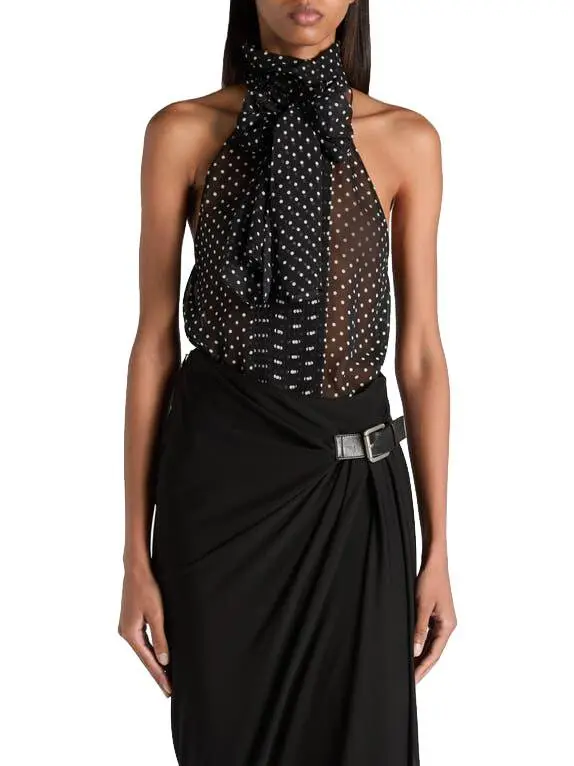 TOM FORD Polka Dot Silk Chiffon Scarf Neck Top - Black/off White