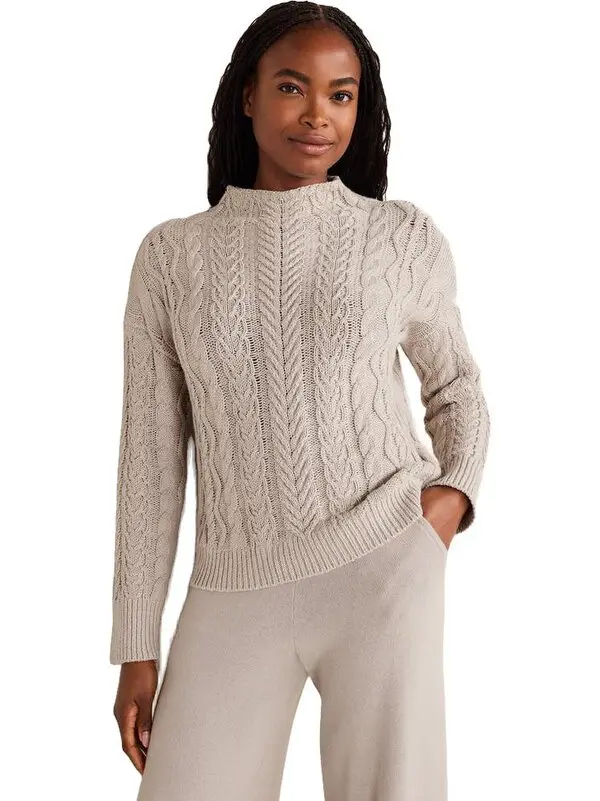 HAVEN WELL WITHIN Organic Cotton Cable Mockneck Sweater - Oyster Shell