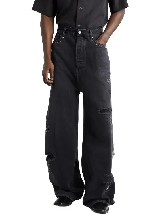 Amiri Bones Studded Rip & Repair Baggy Jeans - Vintage Black