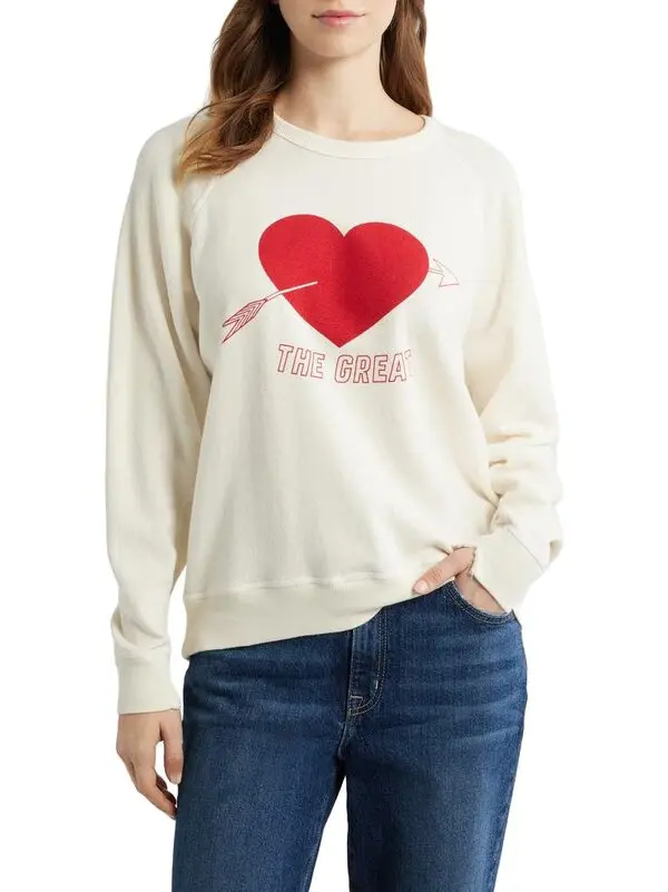 The Great. The College Heart Graphic Sweatshirt - Washed White W/red