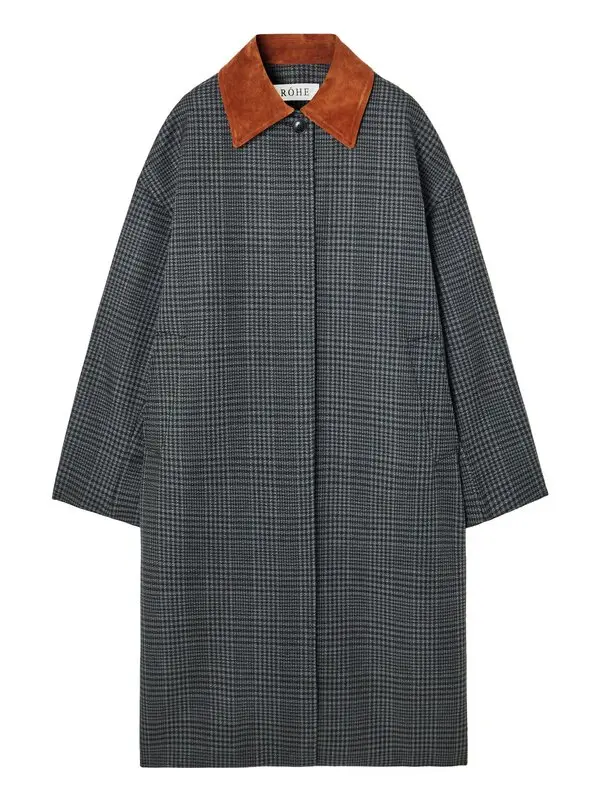 RÓHE Checked Wool Coat With Suede Trim - Gray