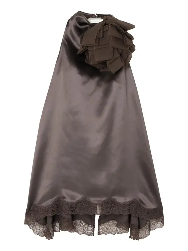 Magda Butrym Appliquéd Scalloped Lace And Chiffon-trimmed Silk-satin Halterneck Blouse - Brown